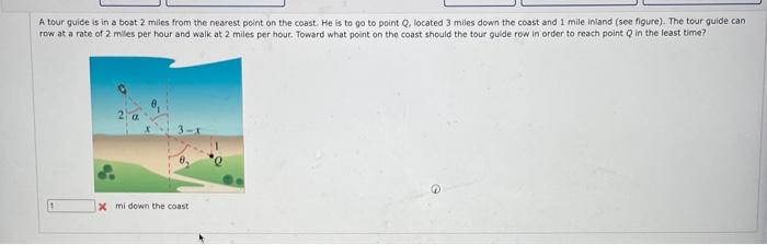 Solved A tour guide is in a boat 2 miles from the nearest | Chegg.com
