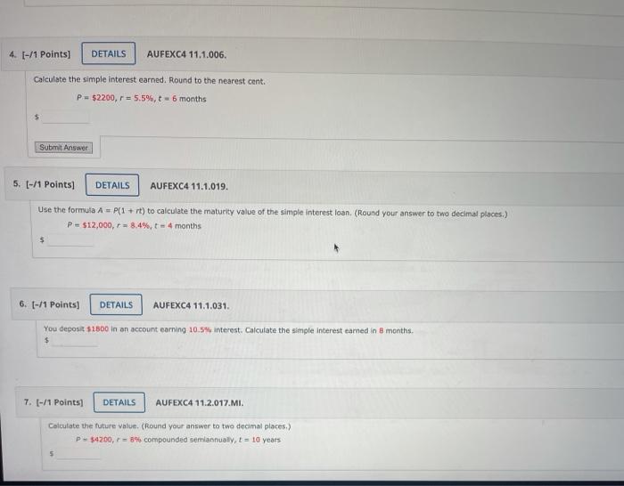 Solved 4. [-/1 Points) DETAILS AUFEXC4 11.1.006. Calculate | Chegg.com