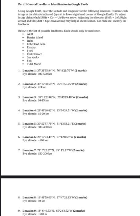 Solved Part II Coastal Landform Identification in Google | Chegg.com