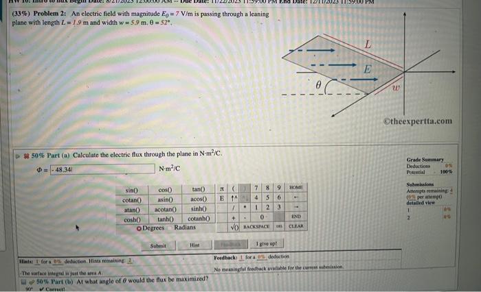 Solved (33%) Problem 2: An electric field with magnitude | Chegg.com
