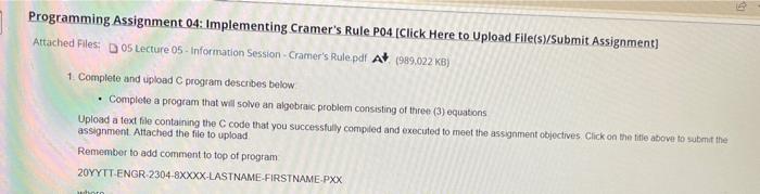 Solved Programming Assignment 04: Implementing Cramer's Rule | Chegg.com