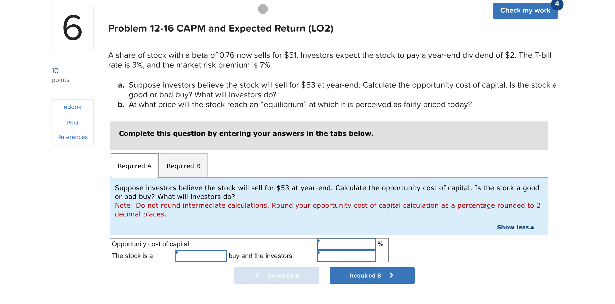 Solved Problem 12-16 ﻿CAPM and Expected Return (LO2)A share | Chegg.com