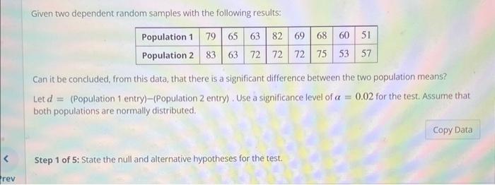 Solved Given two dependent random samples with the following | Chegg.com