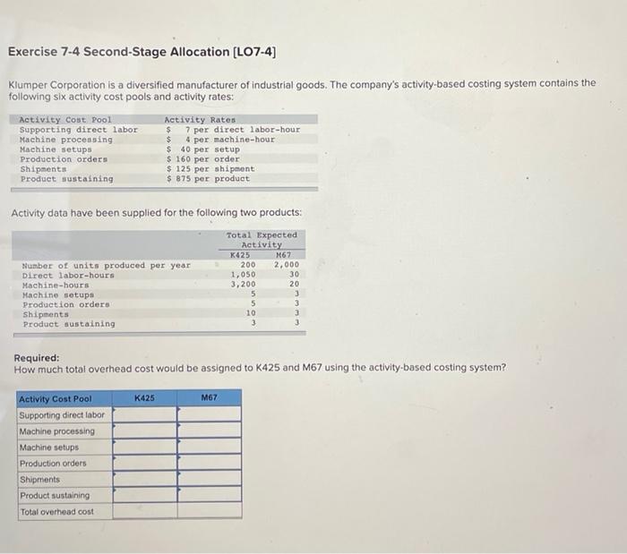 Solved Exercise 7-4 Second-Stage Allocation [LO7-4] Klumper | Chegg.com