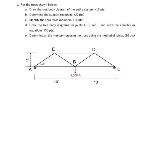 Solved 1. For the truss shown below: a. Draw the free body | Chegg.com