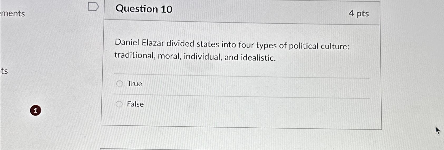 Solved Question 104 ﻿ptsDaniel Elazar divided states into | Chegg.com