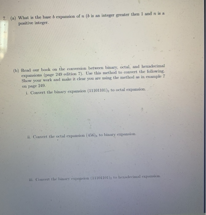 Solved 7. (a) What is the base b expansion of n (b is an | Chegg.com