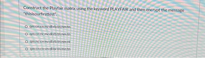 Solved Construct the Playfair matrix using the keyword | Chegg.com