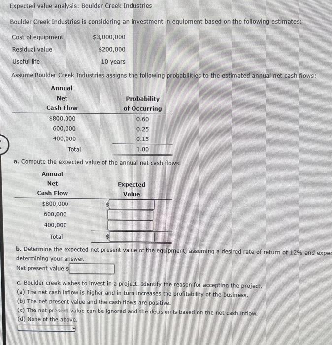 Solved Expected Value Analysis Boulder Creek Industries Chegg