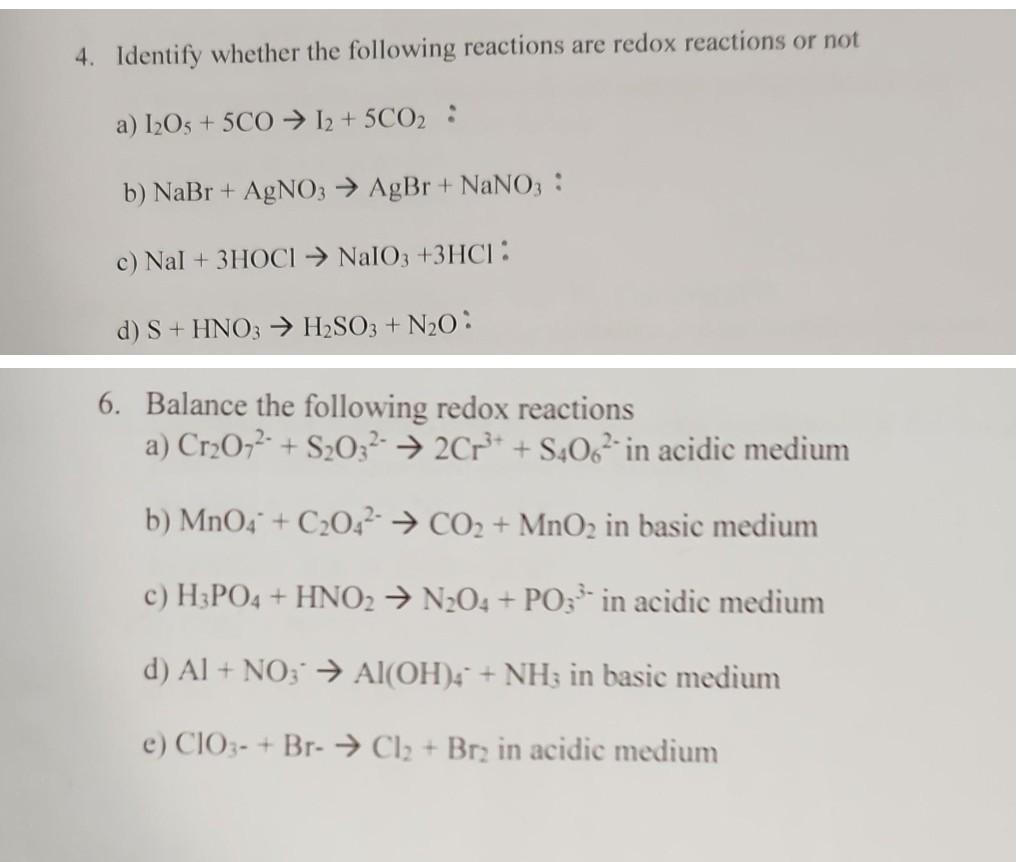Solved 4. Identify whether the following reactions are redox | Chegg.com