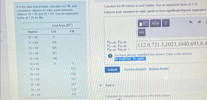 Solved For the data listed below, calculate cut, fill, and | Chegg.com