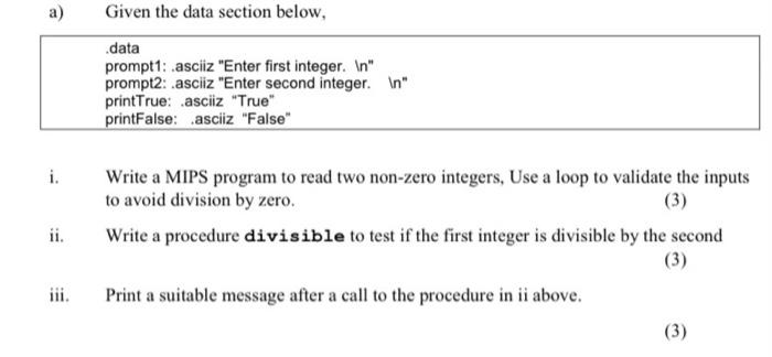 Solved a) Given the data section below, data prompt1: asciiz | Chegg.com