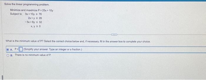 Solved Solve the linear programming problem. Minimize and | Chegg.com
