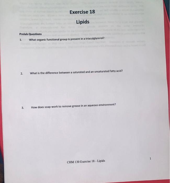 Solved Exercise 18 Lipids Prelab Questions 1. What organic | Chegg.com
