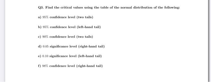 Solved Q3. Find the critical values using the table of the | Chegg.com