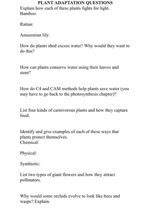 Solved PLANT ADAPTATION QUESTIONS Explain how each of these | Chegg.com