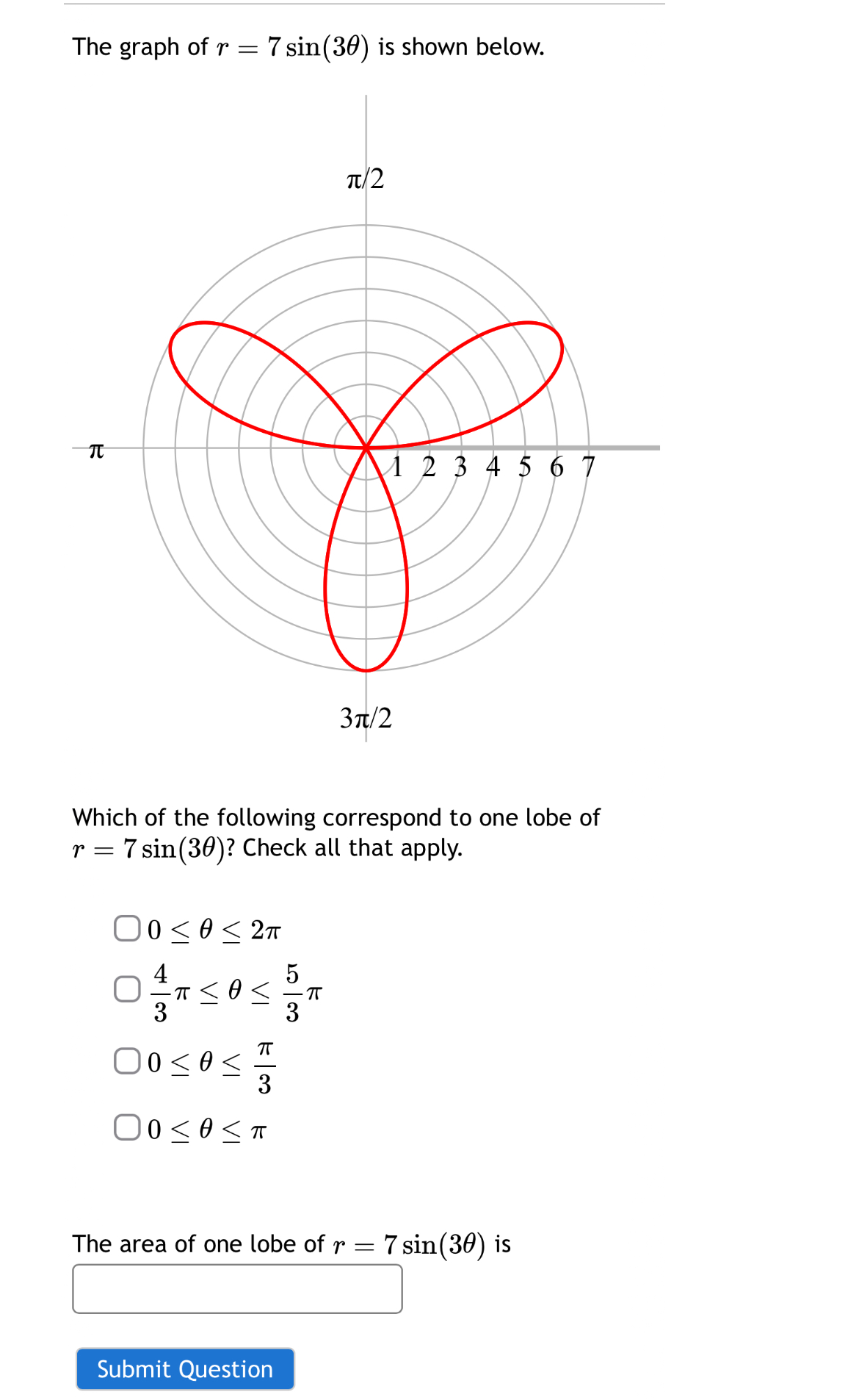 Solved The graph of r=7sin(3θ) ﻿is shown below.Which of the | Chegg.com
