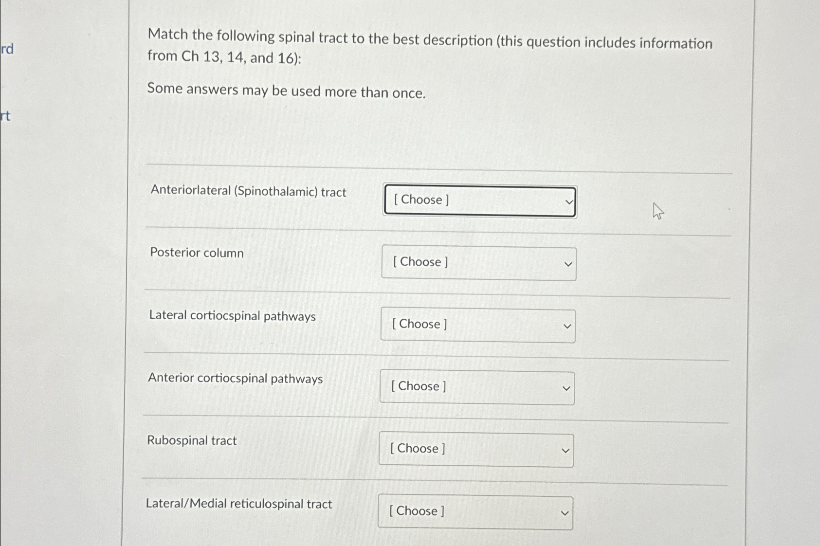 Solved Match the following spinal tract to the best | Chegg.com