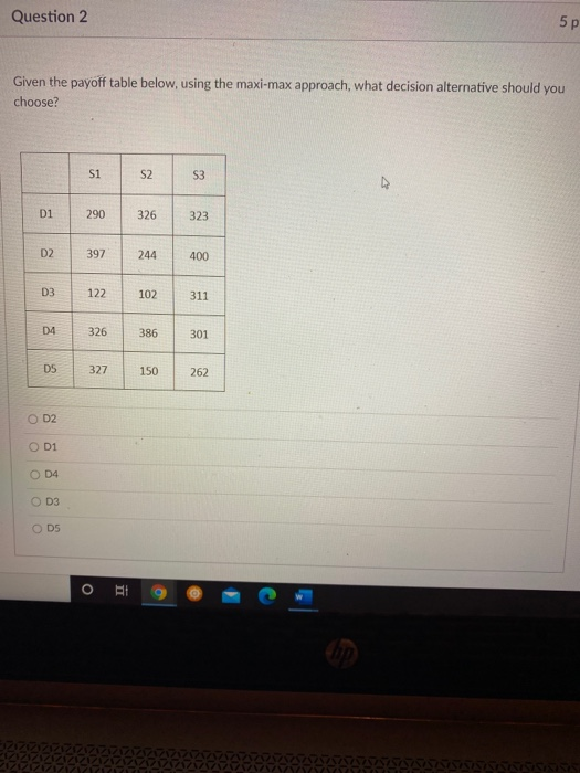 Solved Question 2 5 5p Given the payoff table below, using | Chegg.com