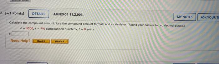 Solved 2. [-/1 Points] DETAILS AUFEXC4 11.2.003. MY NOTES | Chegg.com