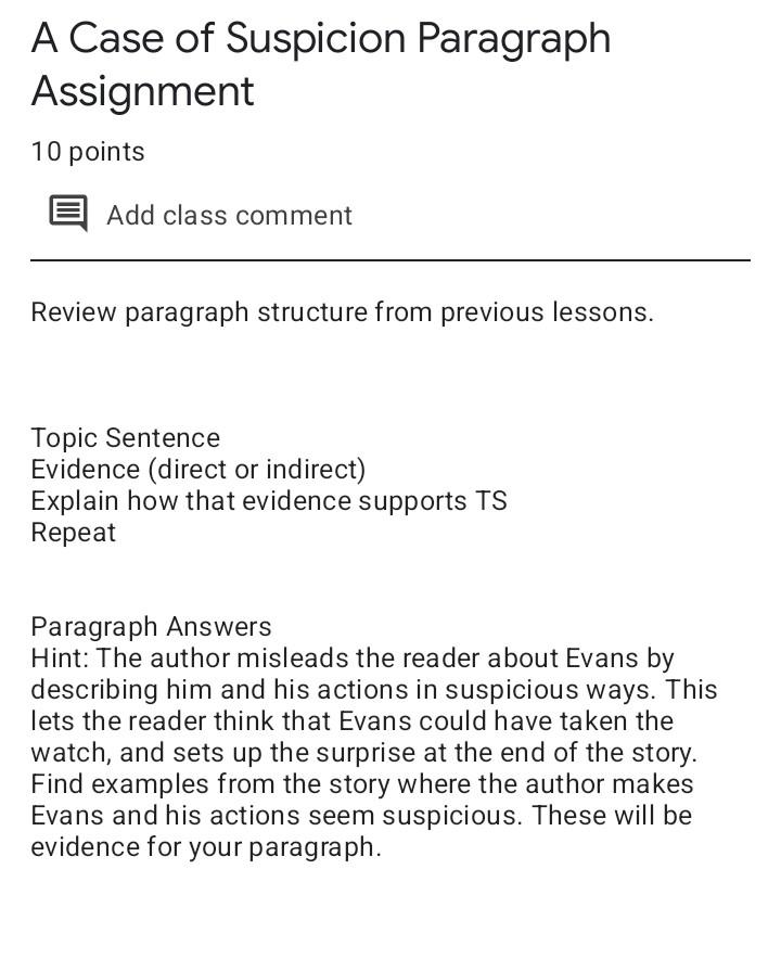 A Case of Suspicion Paragraph Assignment 10 points | Chegg.com