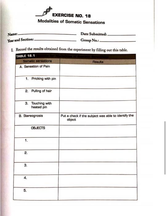 Solved EXERCISE NO. 18 Modalities of Somatic Sensations | Chegg.com