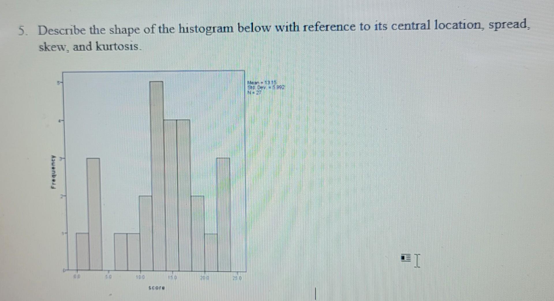 Solved 5. Describe the shape of the histogram below with | Chegg.com