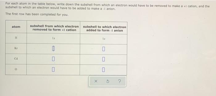 Solved For each atom in the table below, write down the | Chegg.com