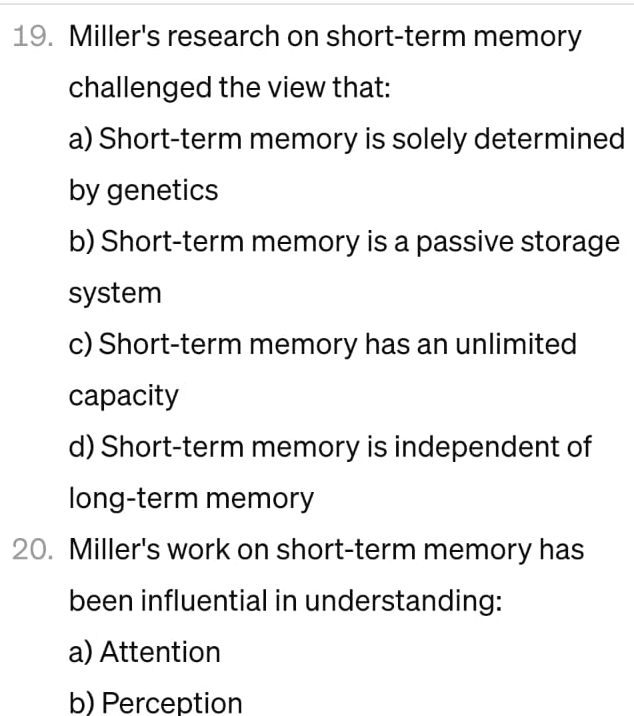Solved Miller's research on short-term memory challenged the | Chegg.com