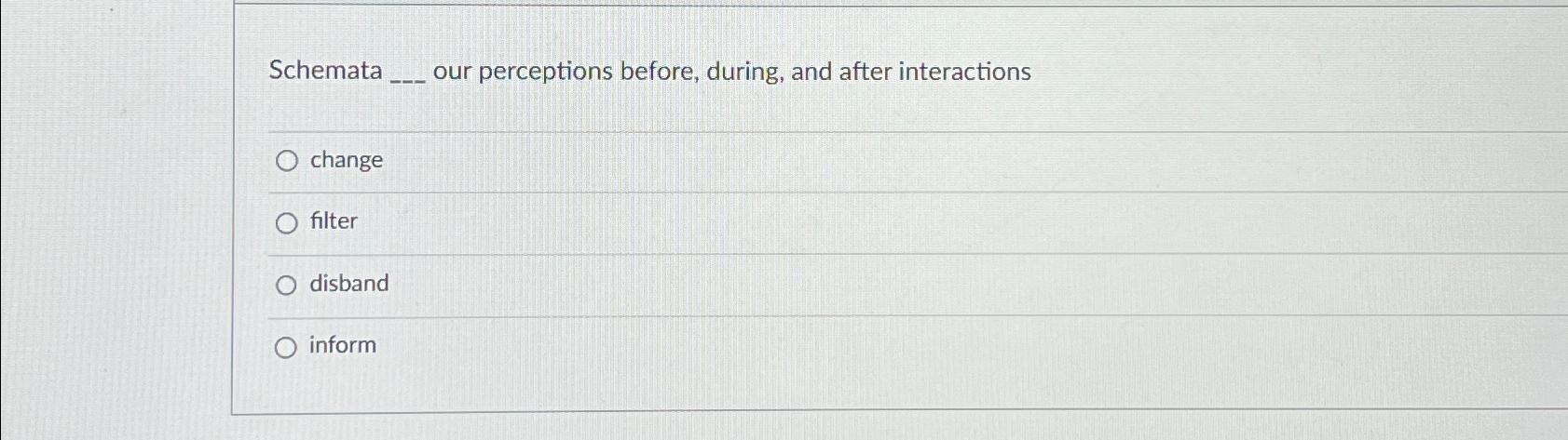 Solved Schemata our perceptions before, during, and after | Chegg.com