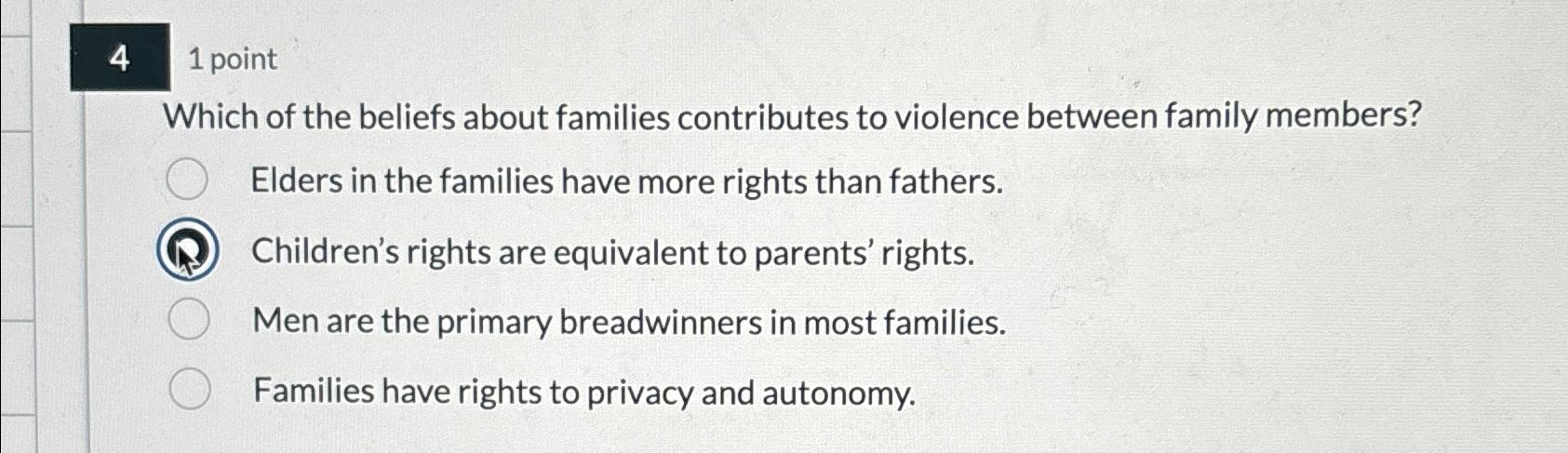 Solved 4 1 ﻿pointWhich of the beliefs about families | Chegg.com