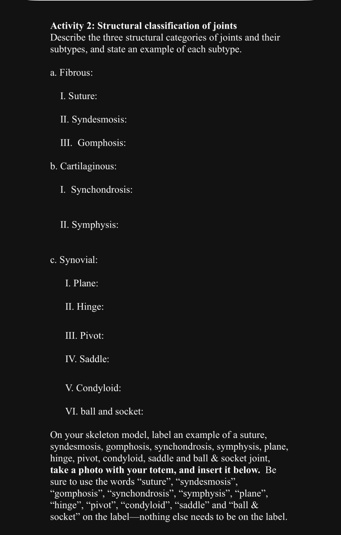 Solved Activity 2: Structural classification of joints | Chegg.com