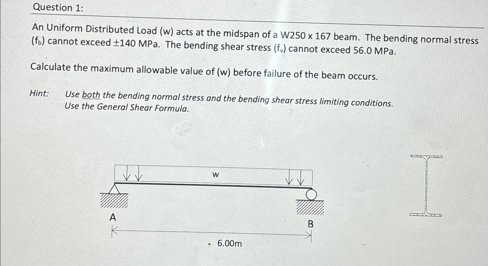 Question 1:An Uniform Distributed Load (w) ﻿acts at | Chegg.com