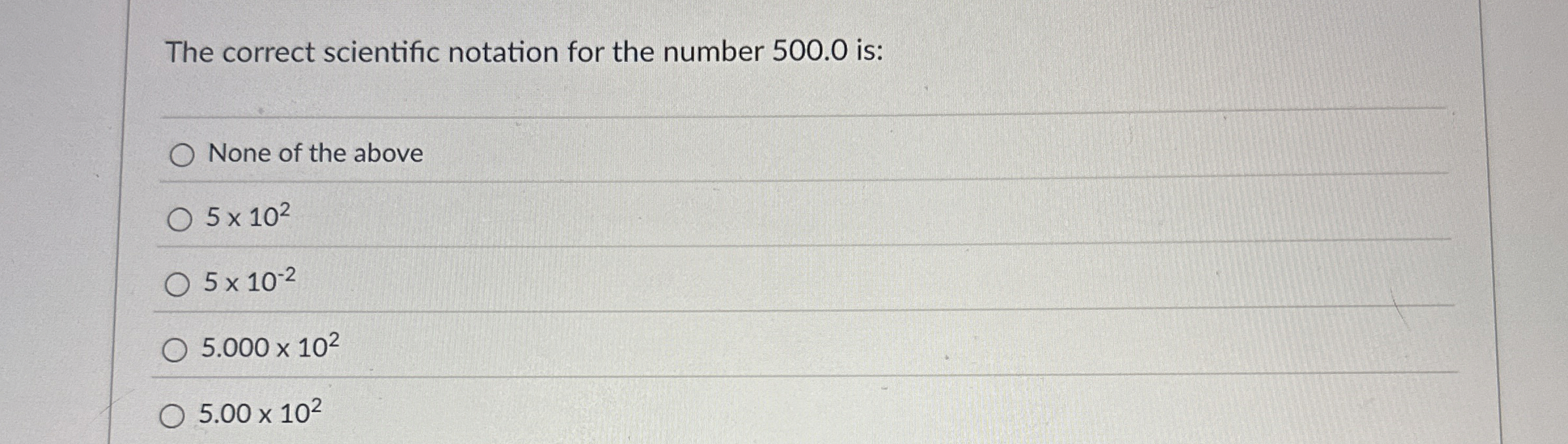 Solved The correct scientific notation for the number 500.0 | Chegg.com