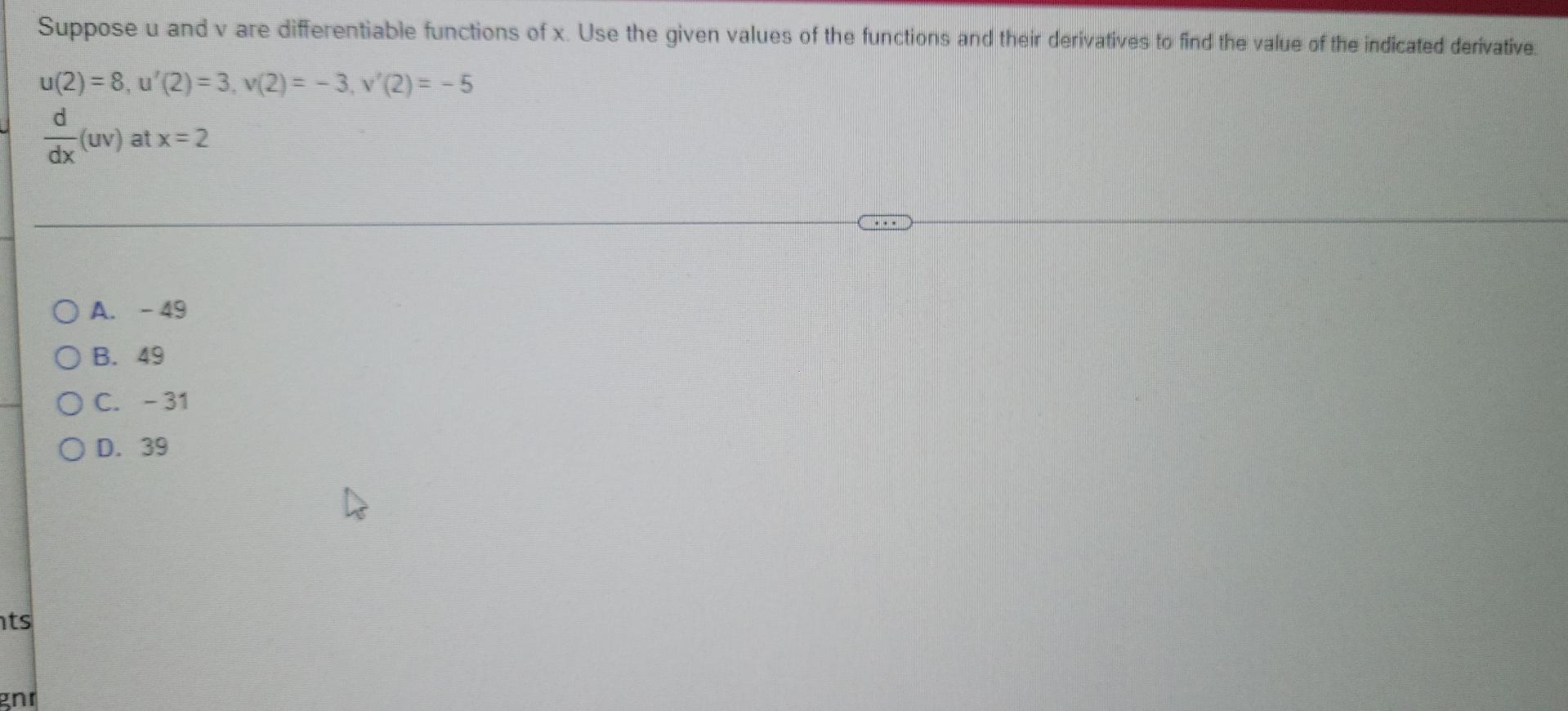 Solved Suppose u and v are differentiable functions of x. | Chegg.com