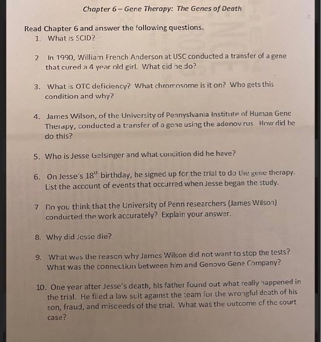 Solved Chapter 6 - Gene Therapy: The Genes of Death Read | Chegg.com