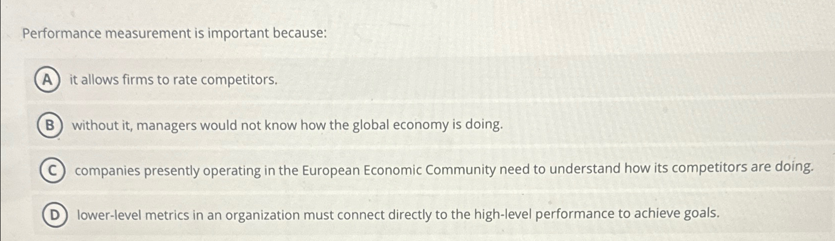 Solved Performance measurement is important because:it | Chegg.com