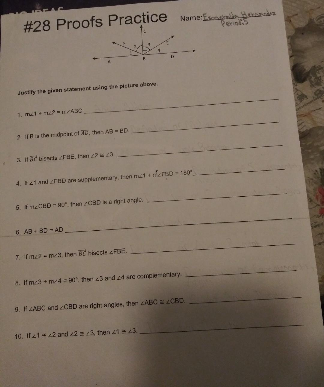 Solved 1. m∠1+m∠2=m∠ABC 2. If B is the midpoint of AD, then | Chegg.com