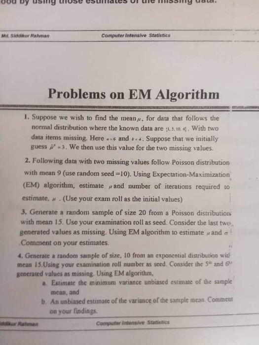 Solved Mod. Siddikur Rahman Computer intensive Statistics | Chegg.com