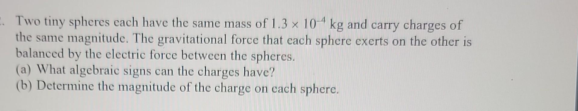 Solved Two tiny spheres each have the same mass of 1.3×10−4 | Chegg.com