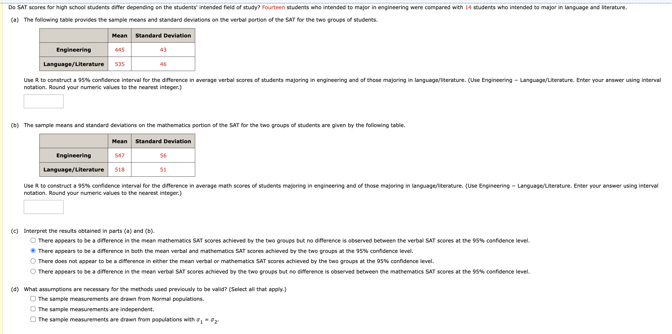 Solved (a) ﻿The following table provides the sample means | Chegg.com