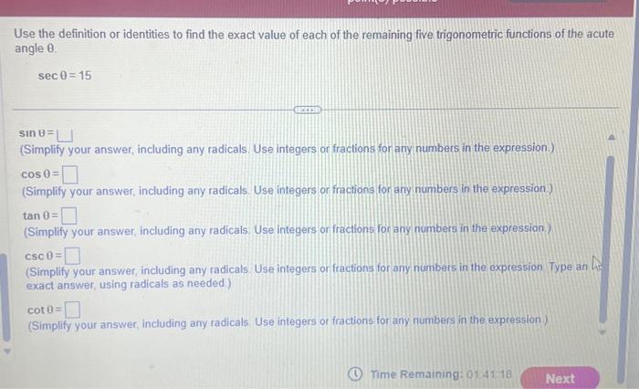 Solved Use the definition or identities to find the exact | Chegg.com