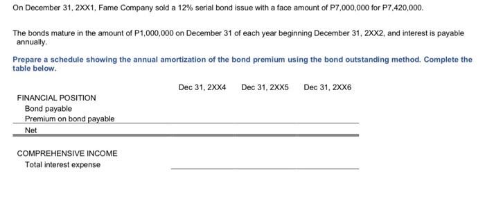 Solved On December 31,2×X1, Fame Company sold a 12% serial | Chegg.com