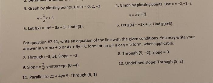 Solved 1.graph by plotting points. use x=0,2,-2 Y=1/2x+3 | Chegg.com