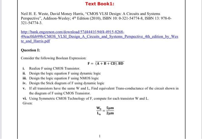 Solved Text Book 1: Neil H. E. Weste, David Money Harris, | Chegg.com