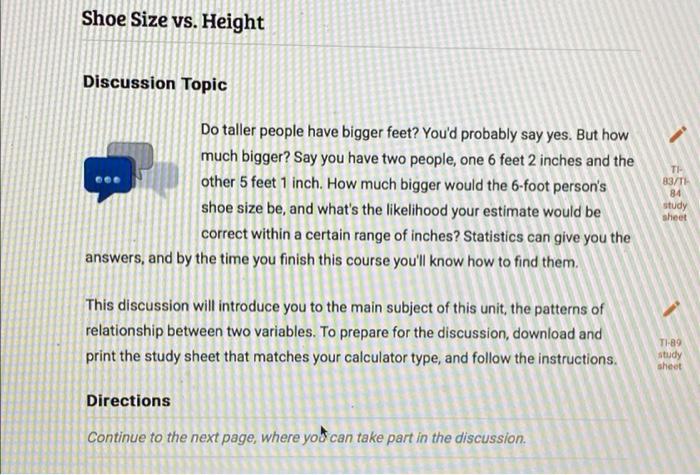 Solved Shoe Size vs. Height Discussion Topic Do taller | Chegg.com