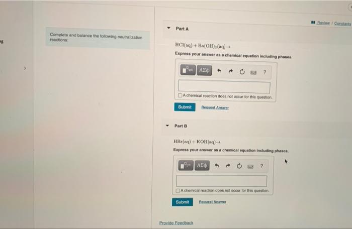 Solved I Constant Part A Complete and balance the following | Chegg.com
