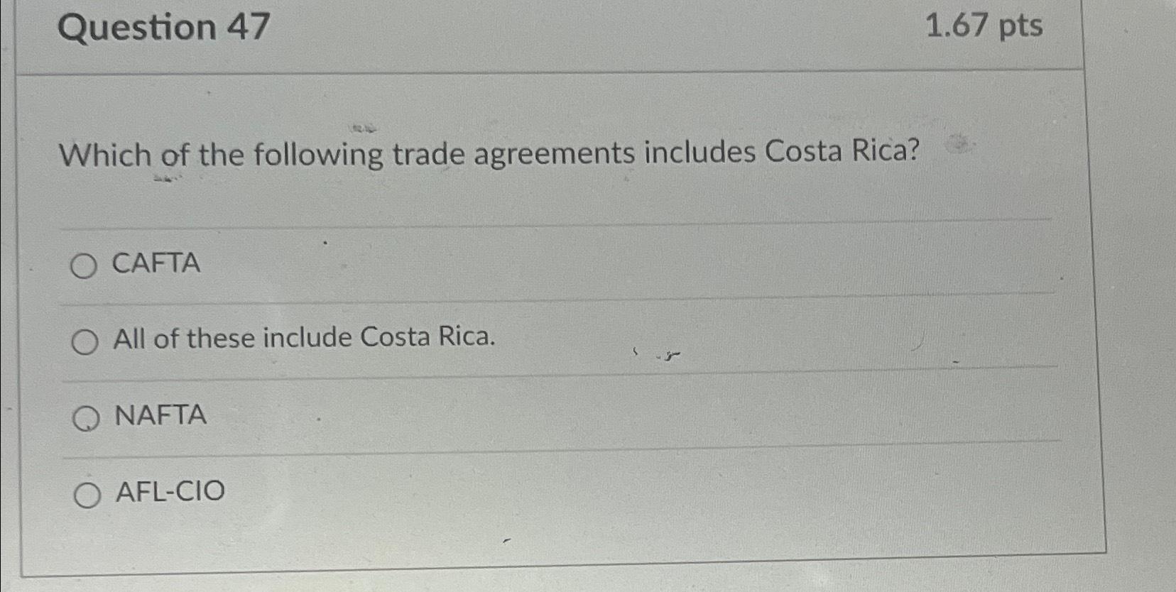 Solved Question 471.67ptsWhich of the following trade | Chegg.com
