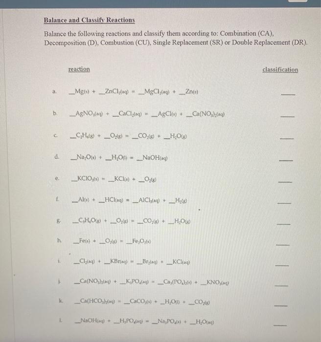 Solved Balance and Classify Reactions Balance the following | Chegg.com