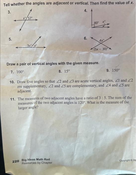 Solved Tell whether the angles are adjacent or vertical. | Chegg.com
